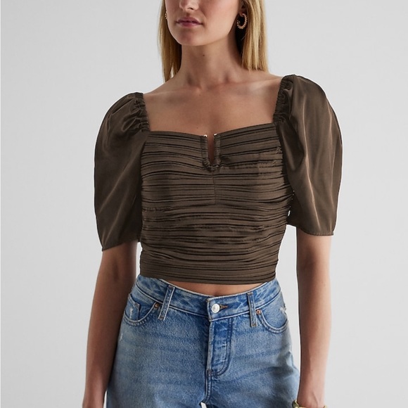 Express | Tops | Satin Vbar Puff Sleeve Ruched Pleated Express Top ...